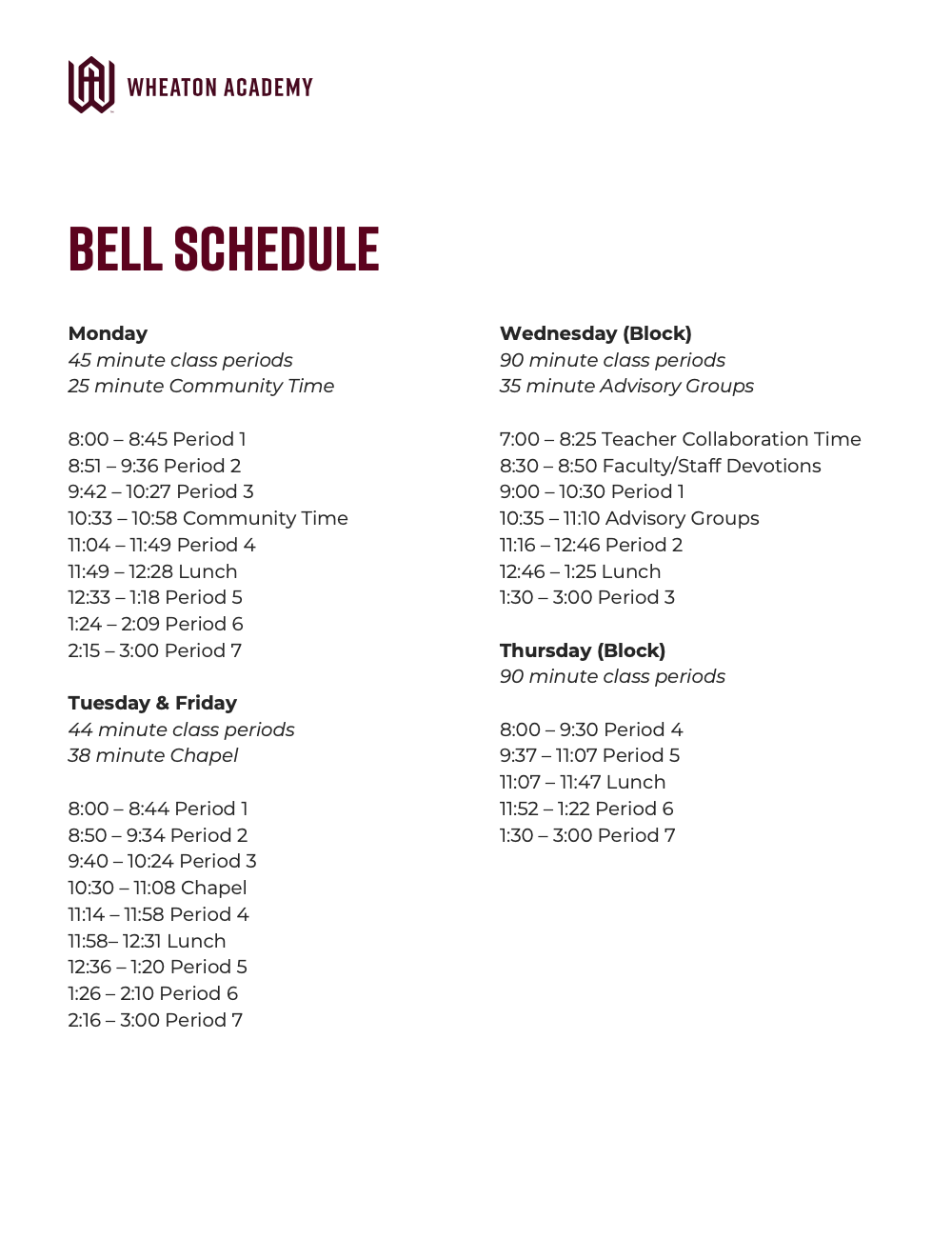 Wheaton North Bell Schedule